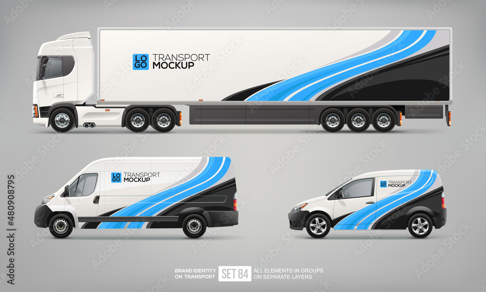Vector Van, Truck Trailer mockup with blue stripes design for branding ...