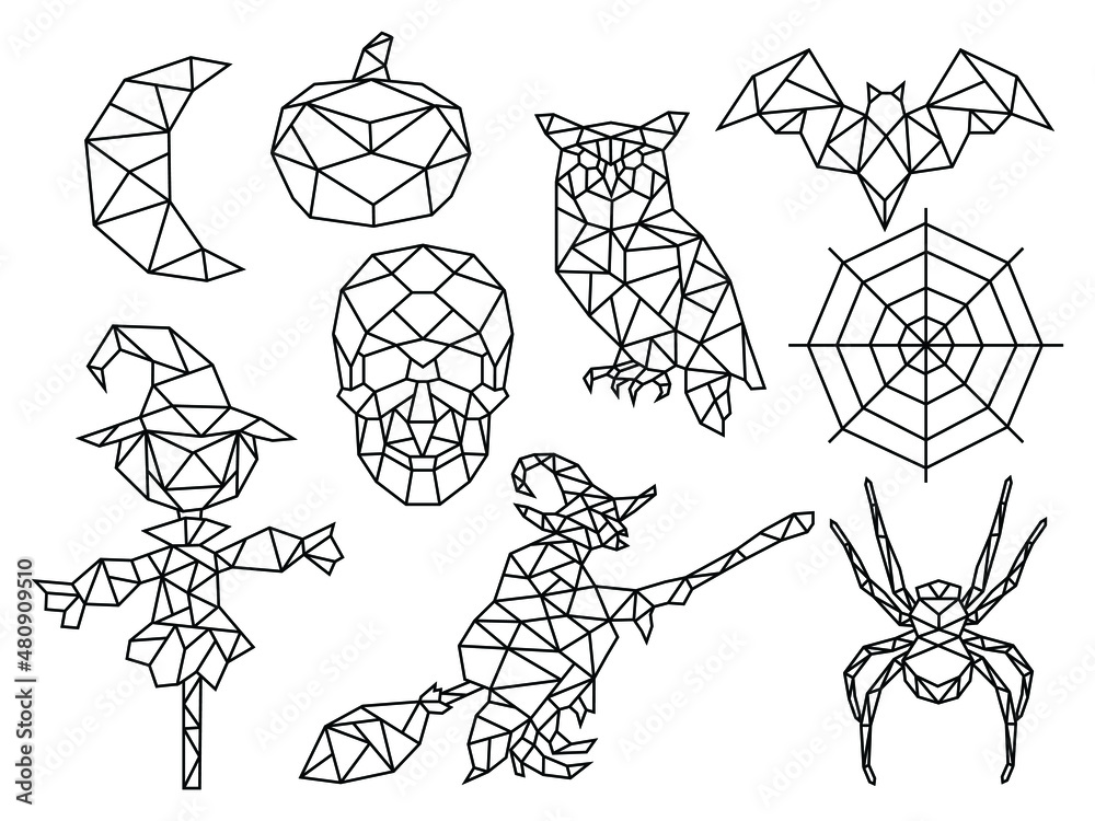 Set of Halloween polygon. Collection of mythical monsters and witches ...