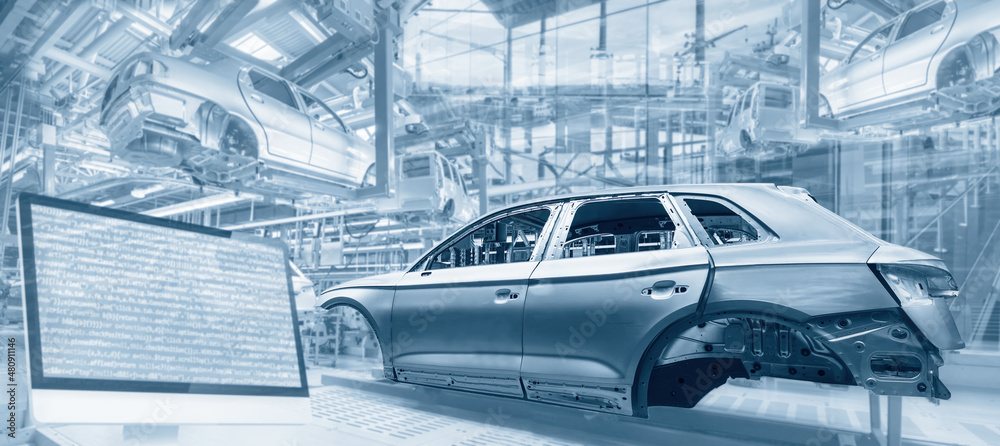 Production in the automotive industry with assembly lines, car bodies ...