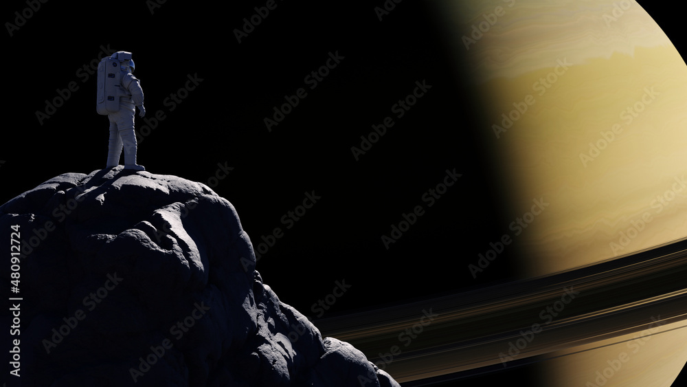 astronaut looking over the landscape from the surface of the moon Titan ...