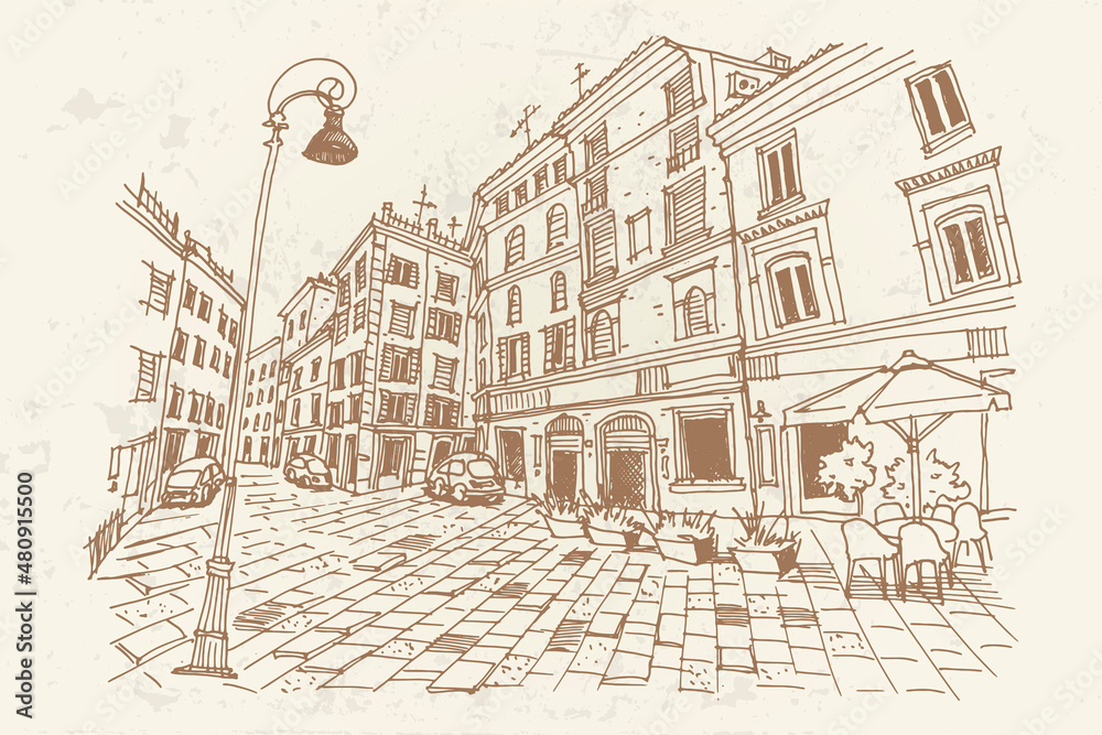 Vector sketch of street scene in Rome, Italy. Retro style. Stock Vector ...