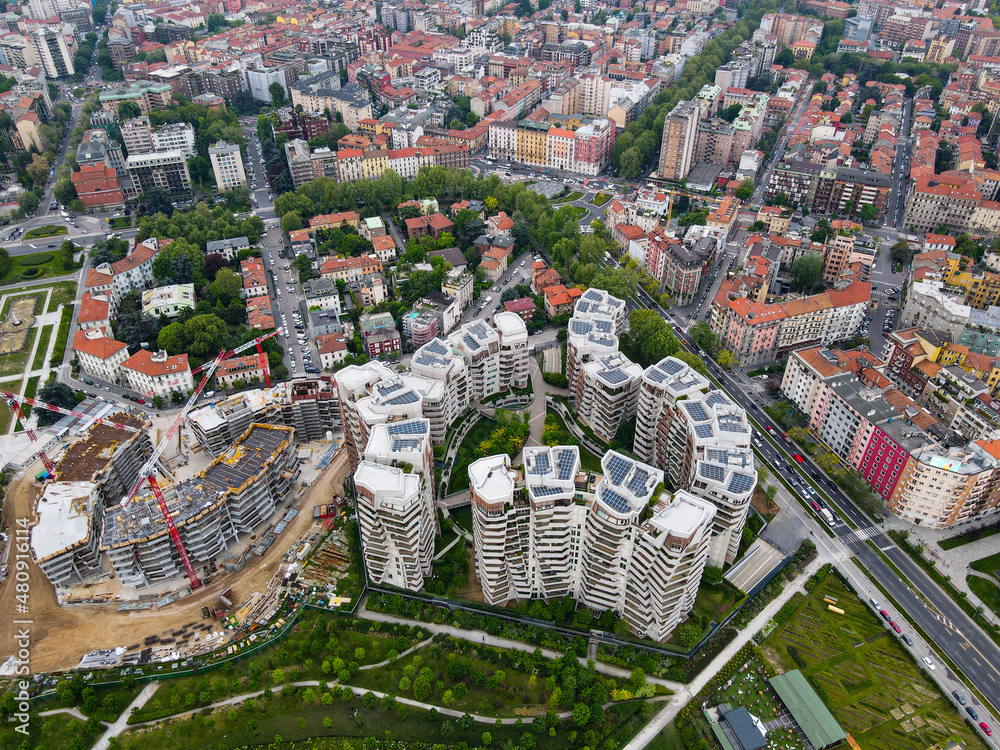 Aerial view of City Life Milano, Three Towers, bird view of "Il Dritto ...