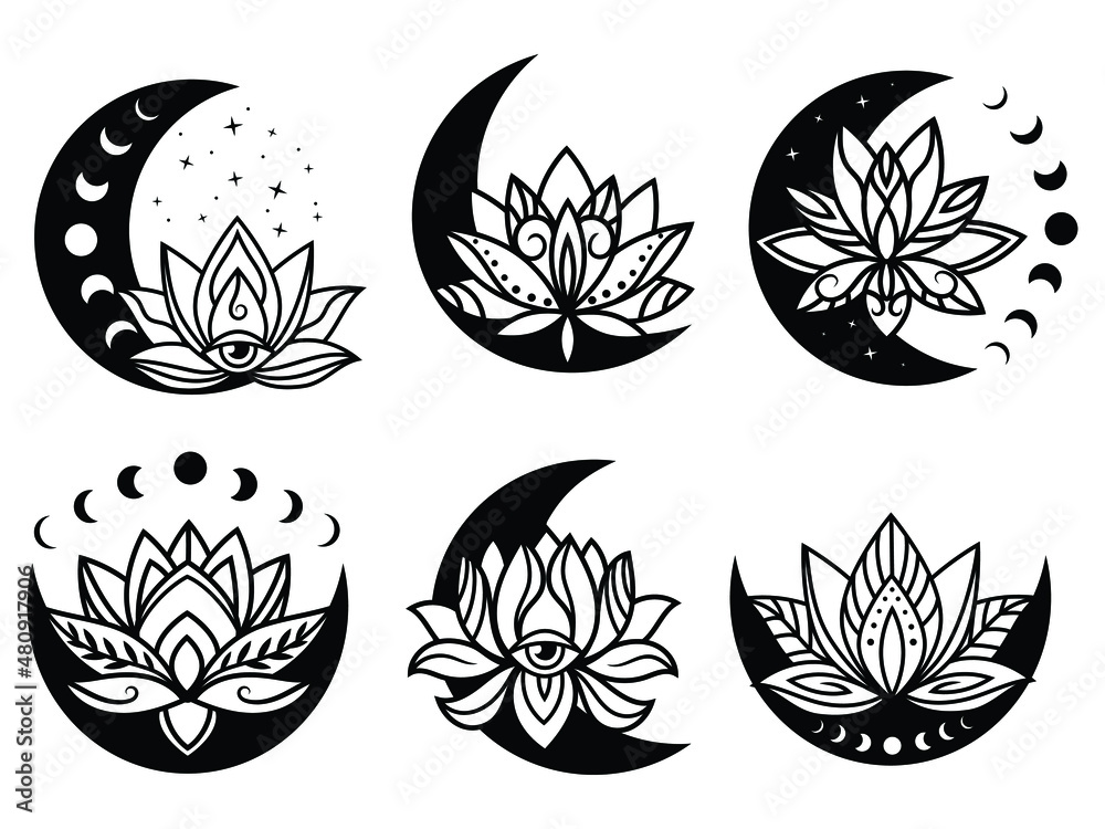 Vecteur Stock Set of moon lotus. Collection of silhouette of lotus ...