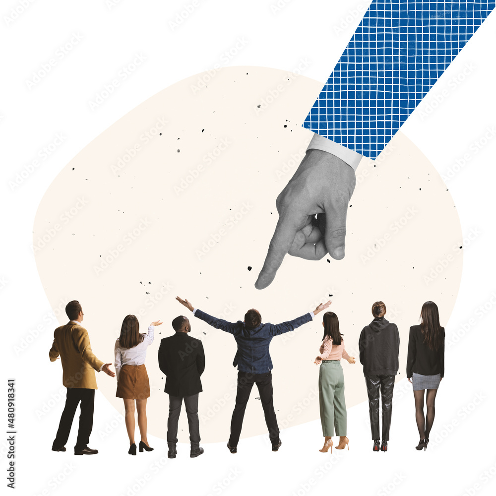 Contemporary art collage. People standing in a line and gian hands ...