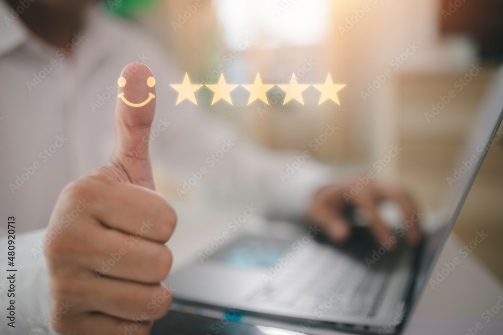 Customer experience satisfaction concept. customer hand with thumb up ...