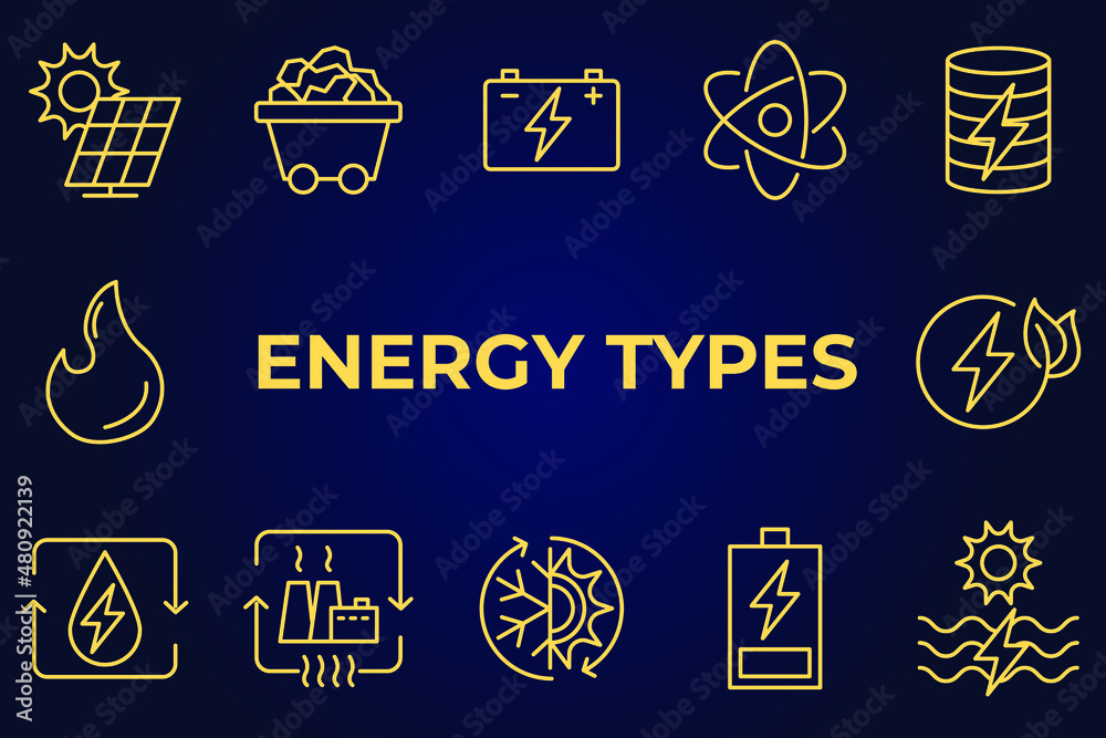 Set of Energy Types icon. Hydroelectric Power Station, Solar Cells and ...