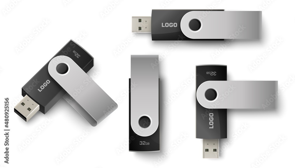 USB flash drive realistic mockup set, vector illustration. Flash memory ...