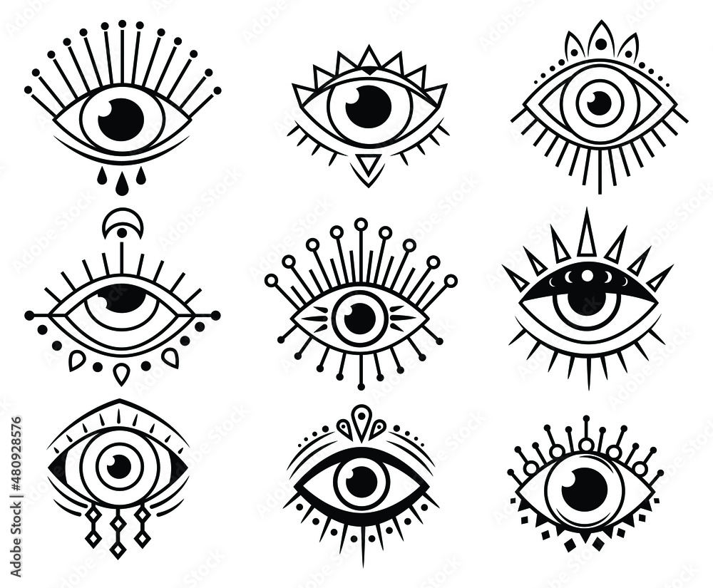 Set of mystical eyes. Collection of boho eyeballs in linear style ...