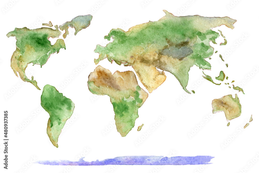 World map hand drawn watercolor clip art Stock Illustration | Adobe Stock