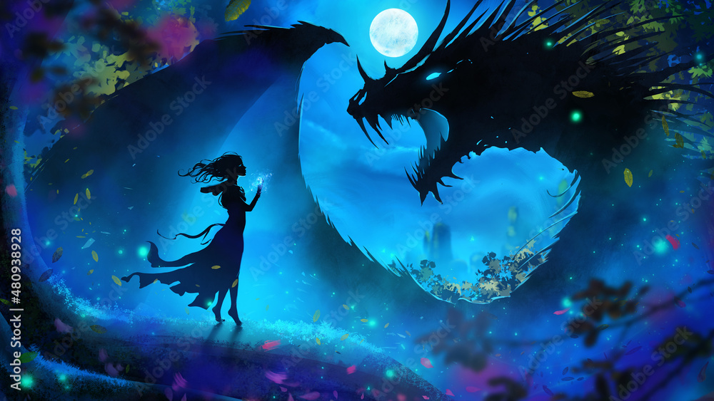 A huge angry spiked dragon roars in rage at a girl with a magic ...