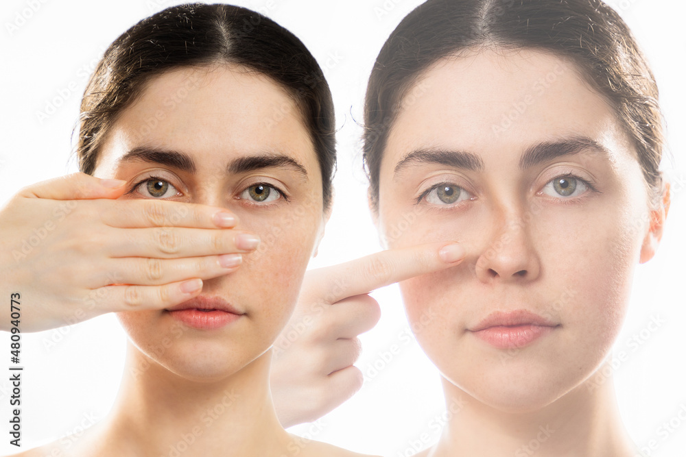 Two faces of young caucasian woman cover her nose with hand and point ...