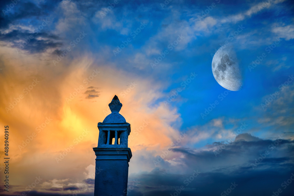 Moon, Chimney and Evening Colors in Obidos, Portugal Stock Photo ...