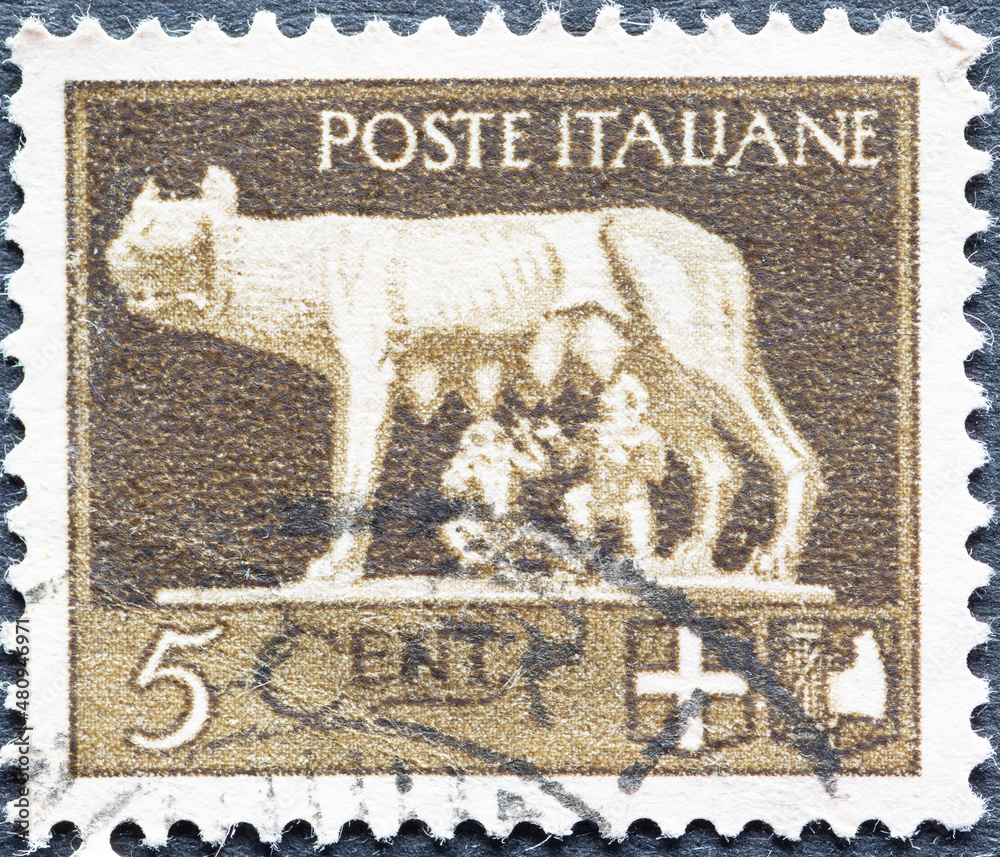 Italy - circa 1943: a postage stamp from Italy showing the roman she ...