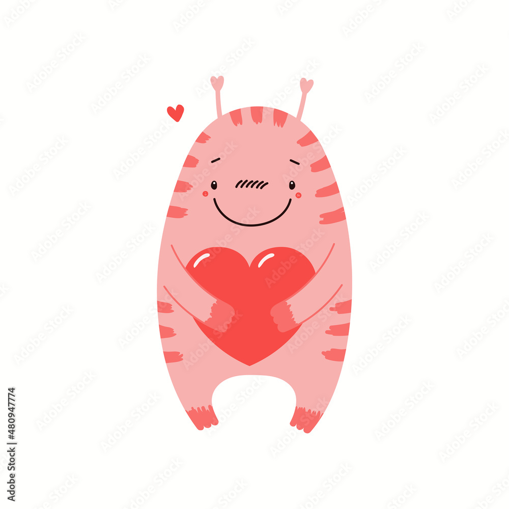 Cute pink monster holding a big heart, isolated on white. Hand drawn ...