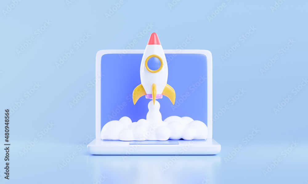 Rocket launch on laptop, flying rocket icon, business startup project ...