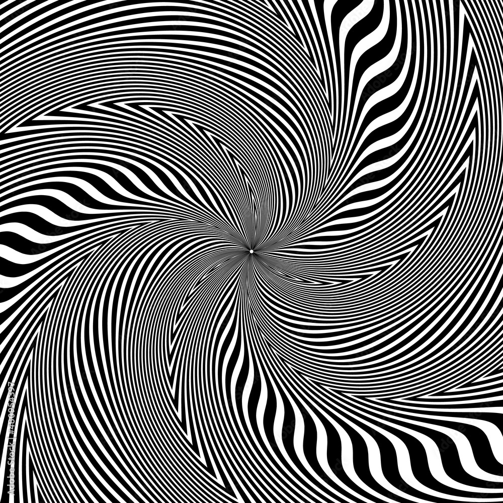 Op art spiral pattern of swirling wavy black lines. Twisted striped ...