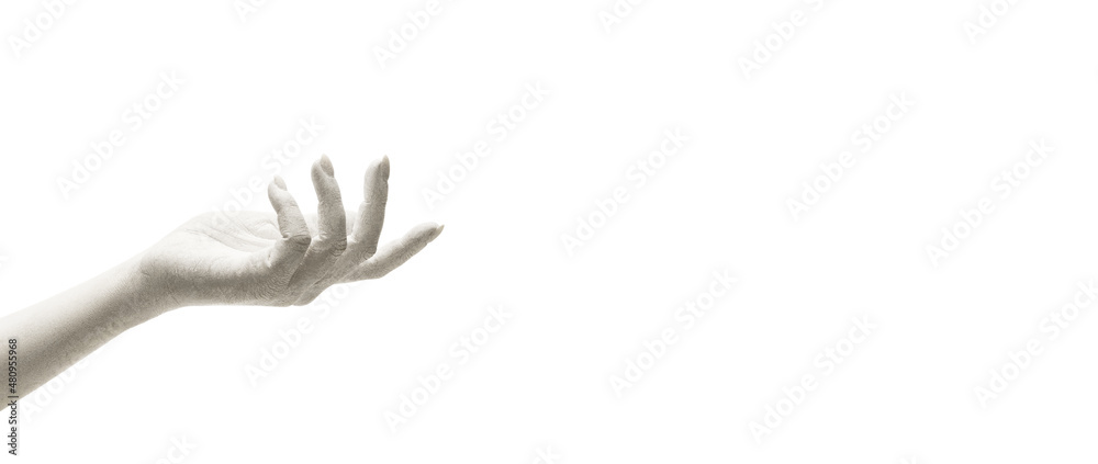 Human hand painted white gesturing isolated on white studio background ...