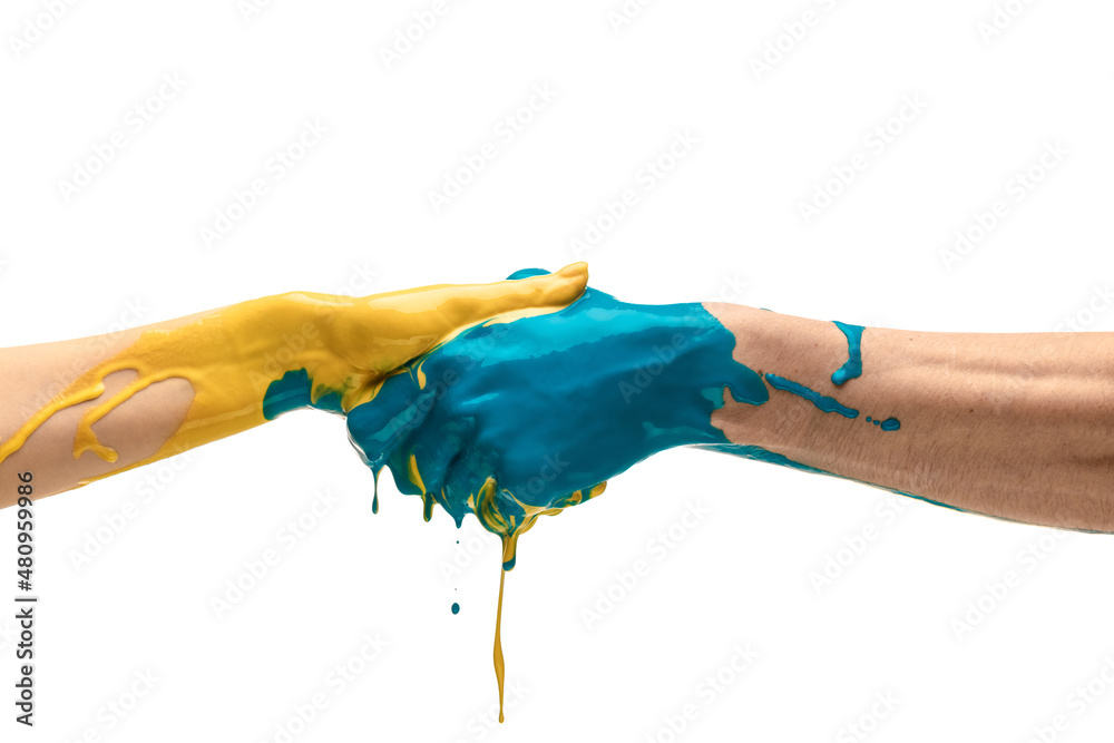 Two painted human hands handshaking isolated on white studio background ...