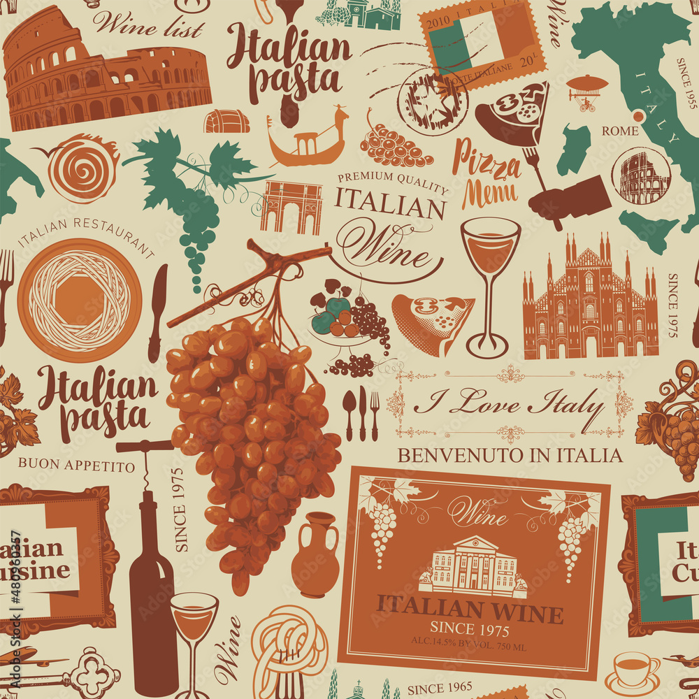 Seamless pattern on the theme of Italy and Italian cuisine in retro ...