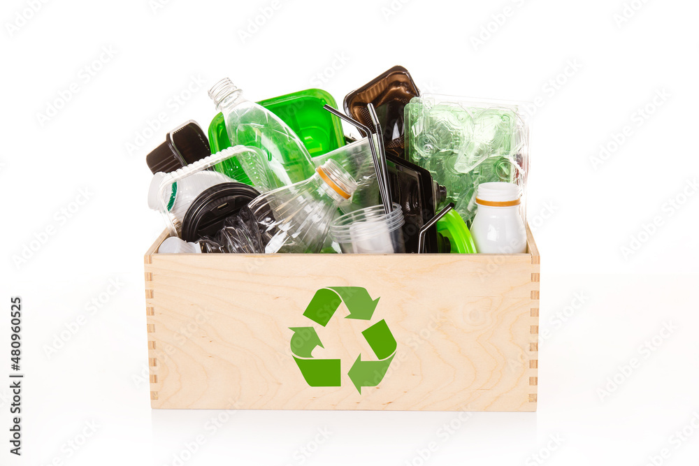Separate collection of sorted PET plastic bottles and containers in ...