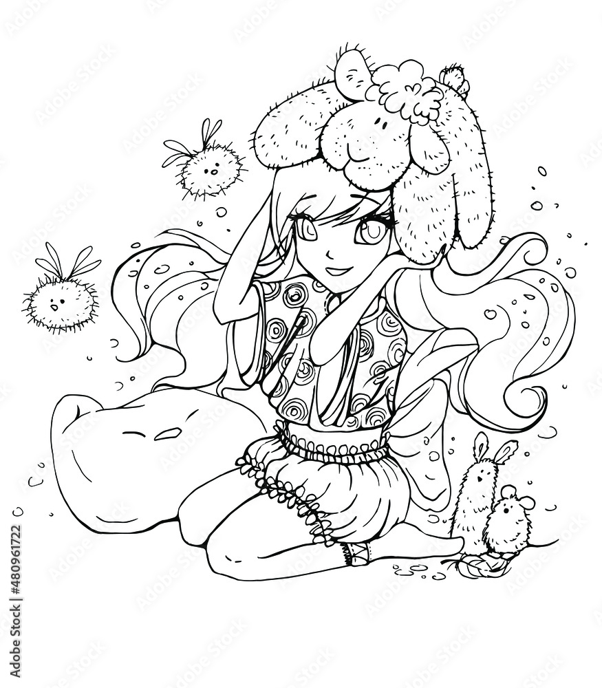 vector coloring book in anime style, a girl Stock Vector | Adobe Stock