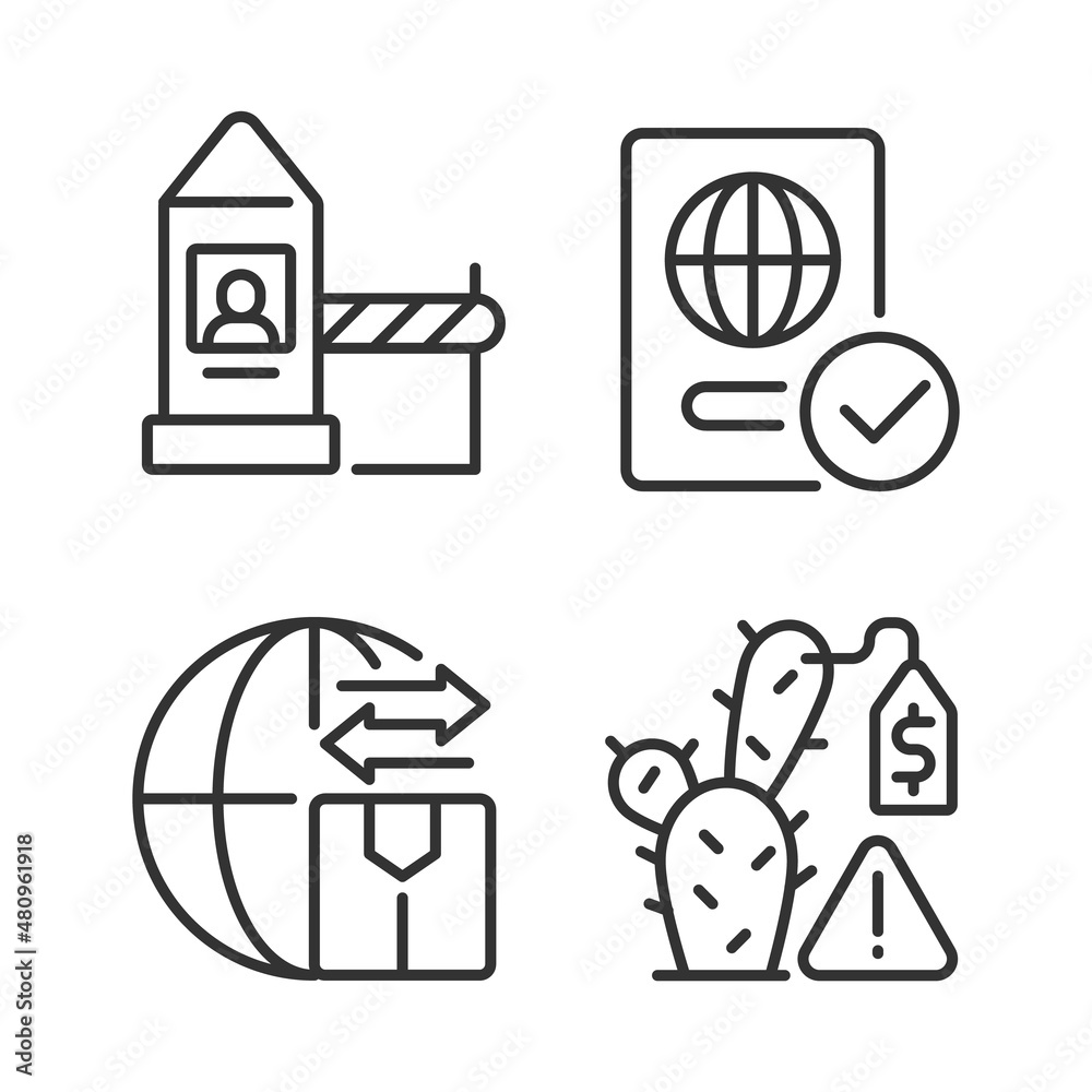 Borders control measures linear icons set. Contraband prevention ...