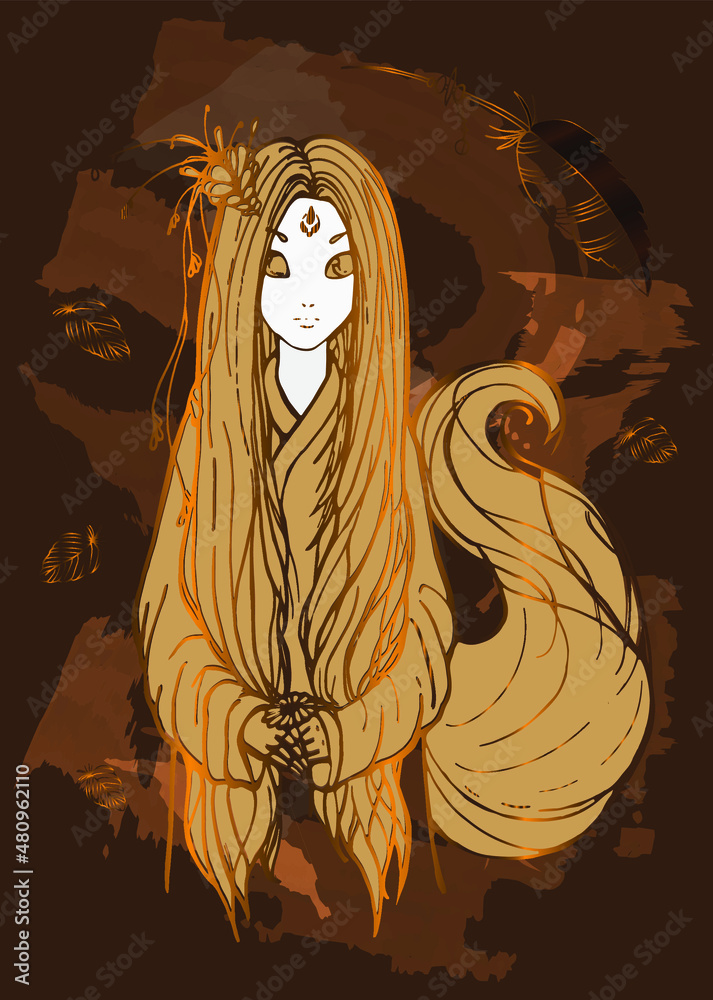 Golden background girl kitsune vector poster. Luxurious anime art deco ...