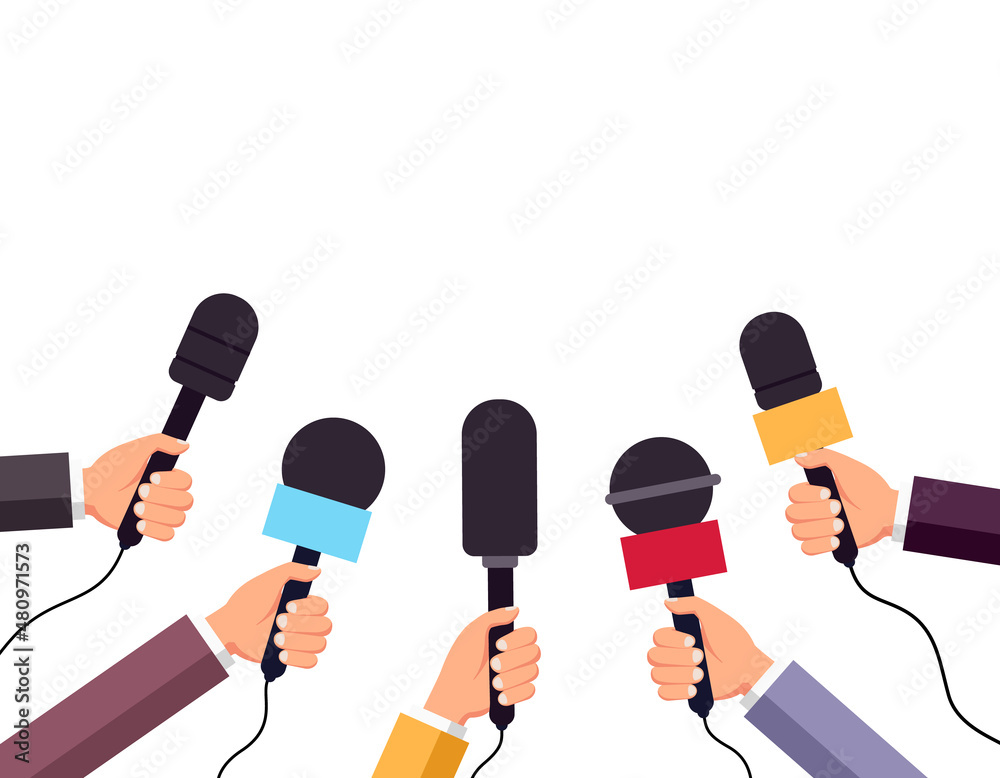 Hands holding microphones. News, interview, television broadcast, reporter conept. Banner of ...