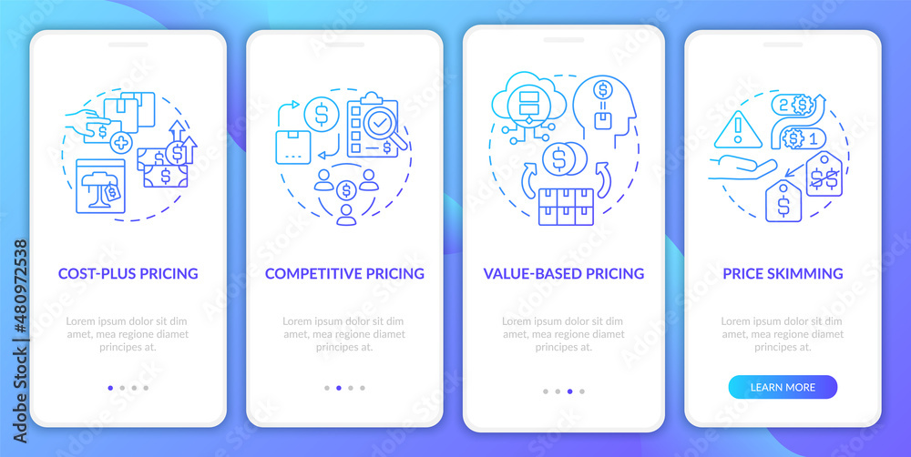 Vettoriale Stock Pricing methods blue gradient onboarding mobile app ...
