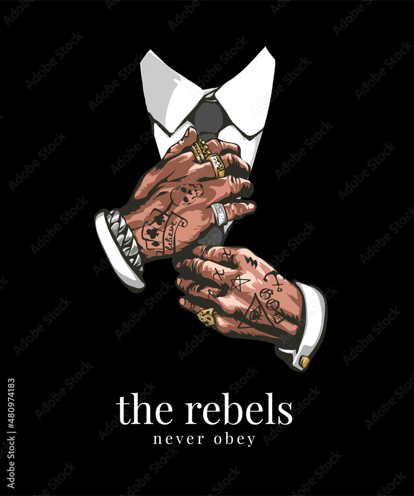 rebels slogan with man hands adjusting tie vector illustration on black ...