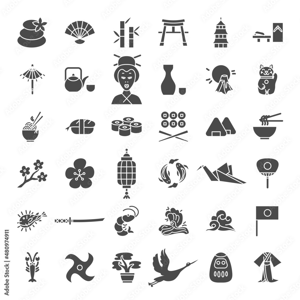 Japan Solid Web Icons. Vector Set of Oriental Glyphs. Stock Vector ...
