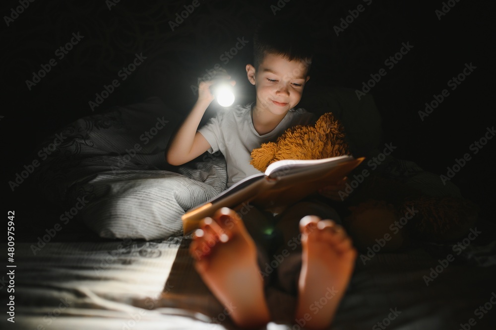Child reading book in bed. Kids read at night. Little boy with fairy ...