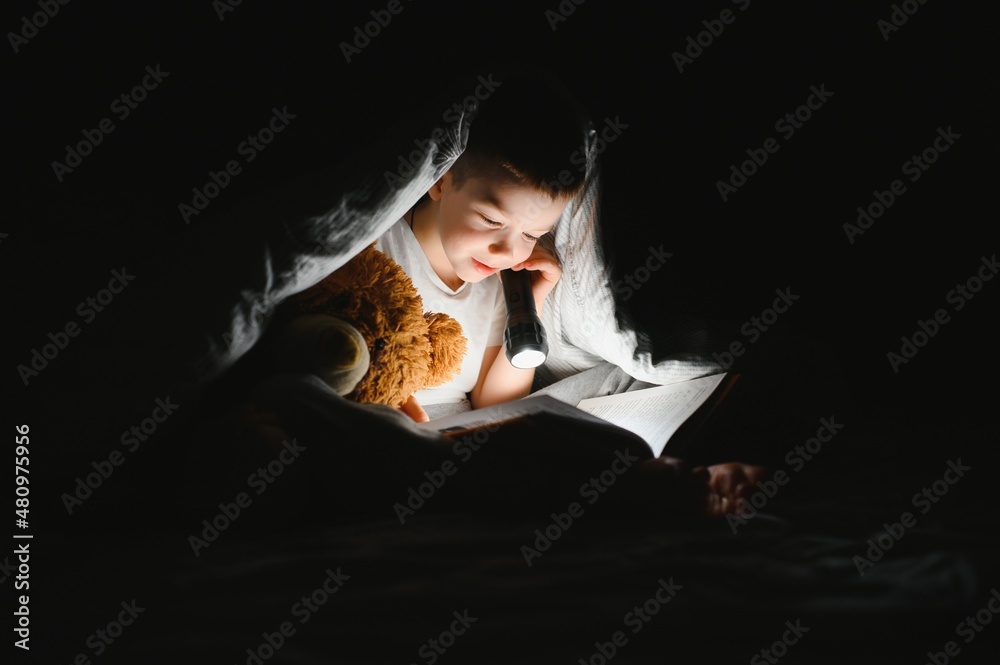 Child reading book in bed. Kids read at night. Little boy with fairy ...