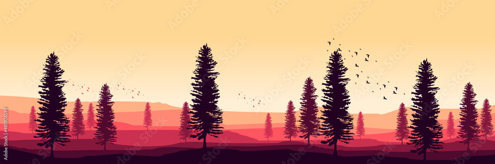 sunset forest landscape vector illustration for web banner, blog banner ...