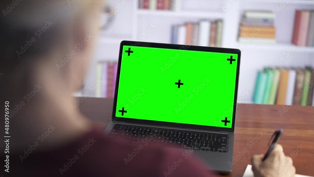 Over the shoulder shot of a business woman working looking at green ...