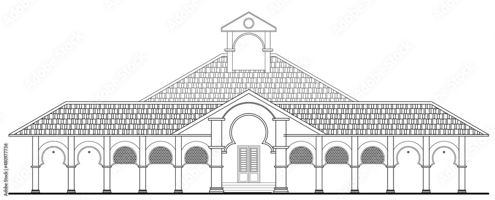 Architectural CAD illustration of a single-story building facade in 2D ...
