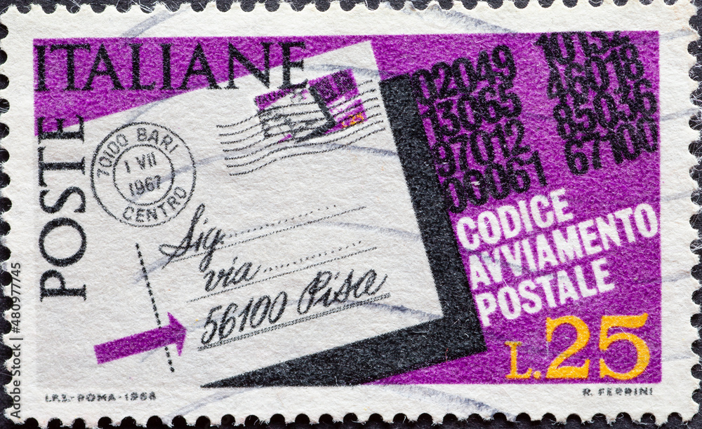 Italy - circa 1967: a postage stamp from Italy showing a Postcard ...
