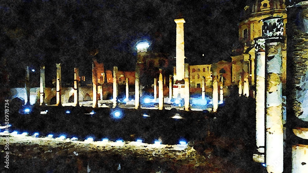 Watercolor painting of a nocturnal glimpse of the ruins of ancient Rome ...
