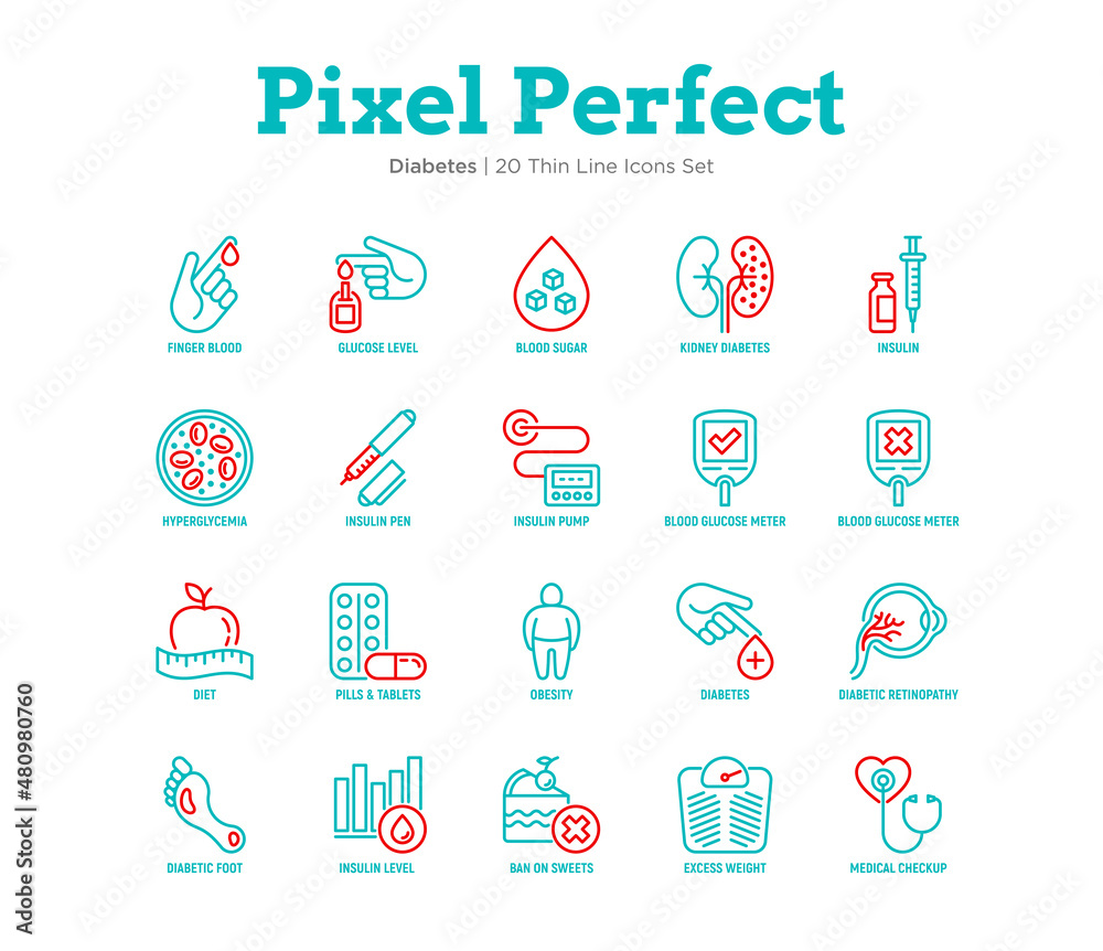 Diabetes thin line icons set: blood test, glucometer, glucose level ...