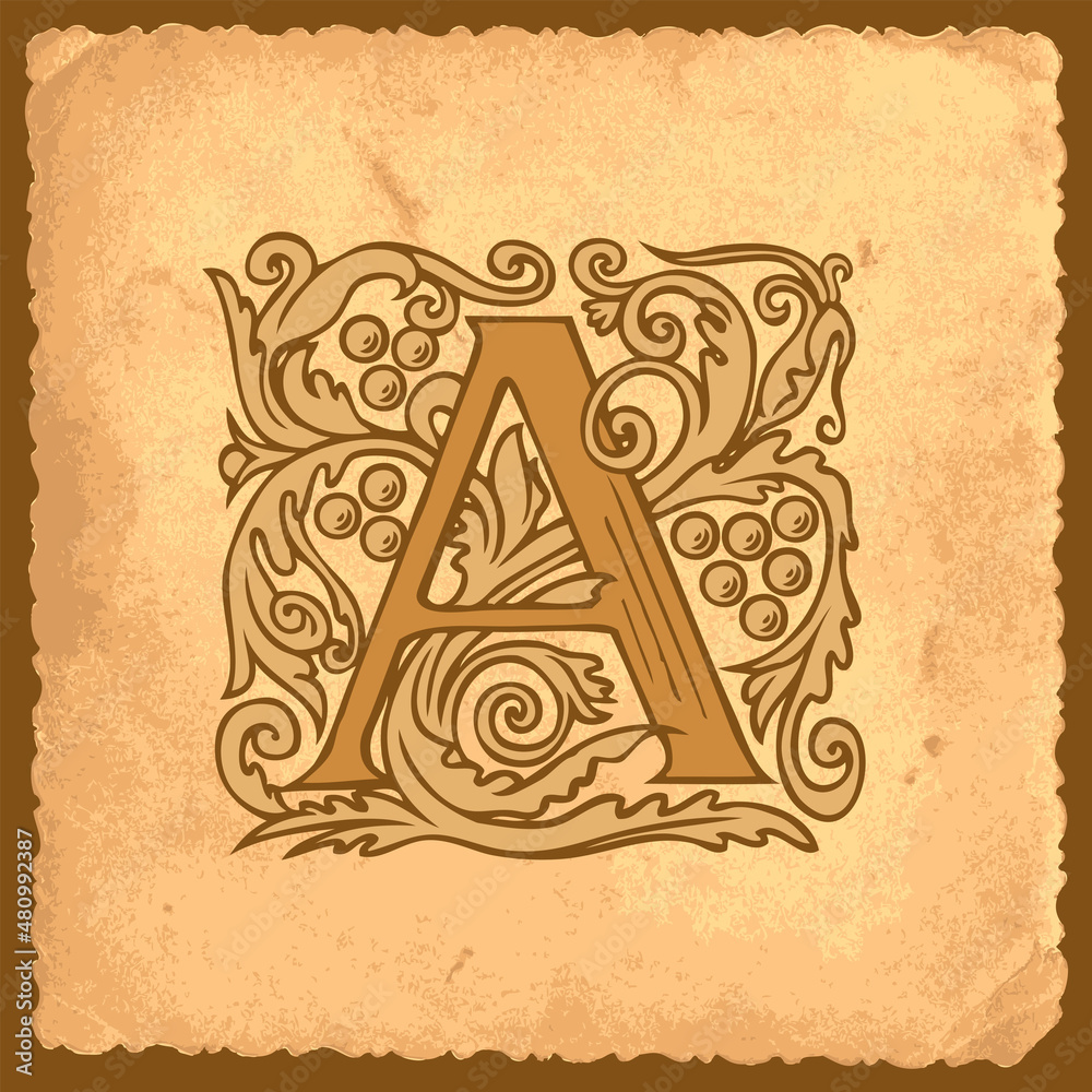 Beautiful initial letter A with Baroque ornamentation on an old paper ...
