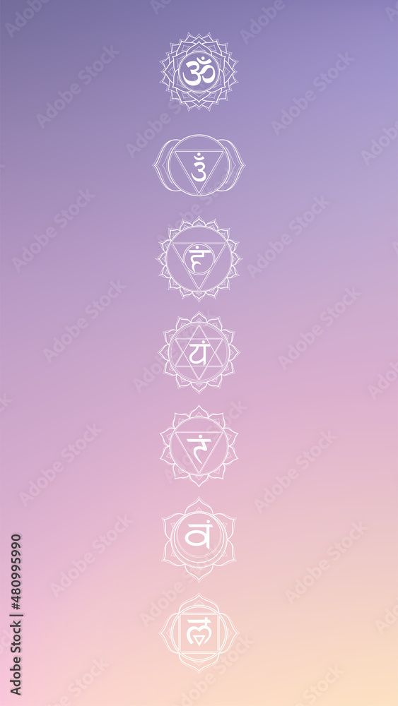 Abstract aerial panoramic view of sunrise gradient mesh with chakras icon set: muladhara ...