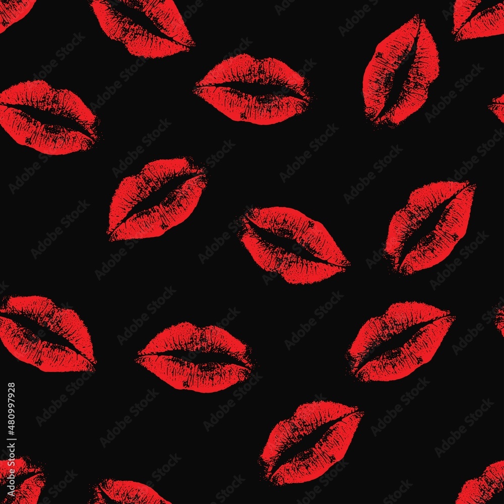 Lips vector pattern on black background, seamless texture with kiss ...