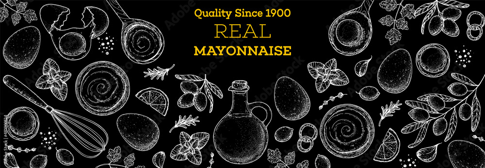 Mayonnaise sauce cooking and ingredients frame. Hand drawn sketch ...