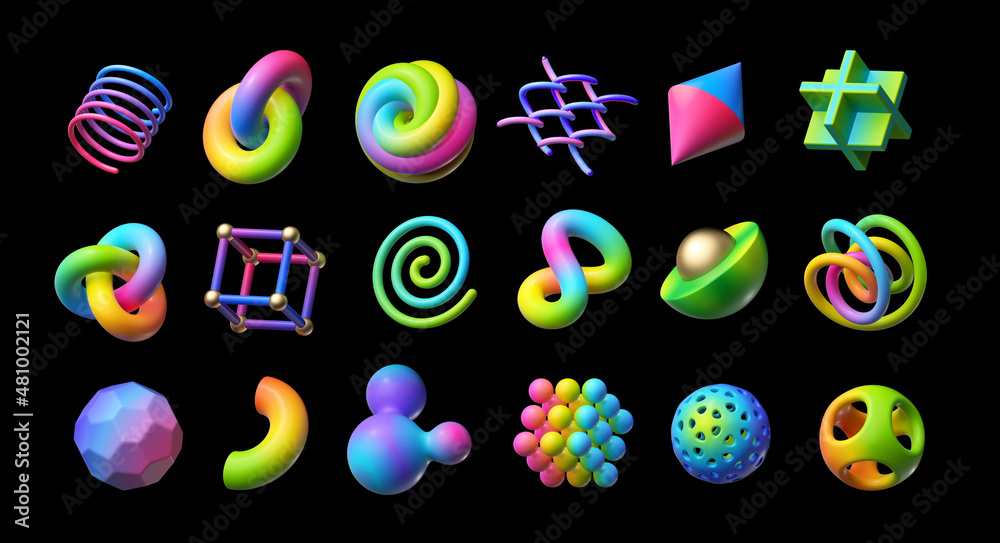 3d render. Collection of assorted geometric shapes. Set of different ...