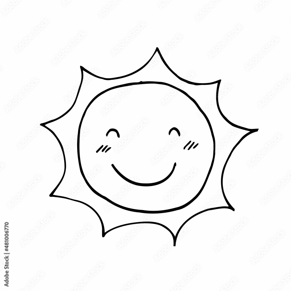 Happy doodle sun smile line art icon. Smiley with closed eyes thin line ...