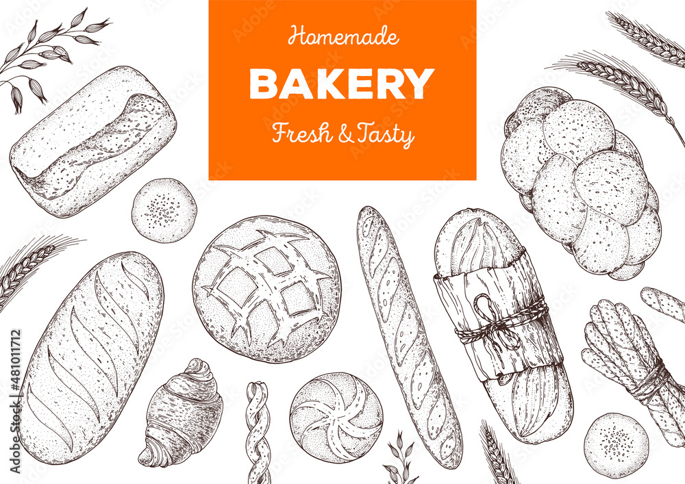 Bakery sketch. Illustration of different baked goods. Hand drawn vector ...