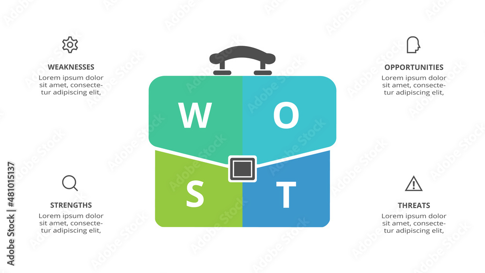 SWOT diagram with 4 steps, options, parts or processes. Threats ...