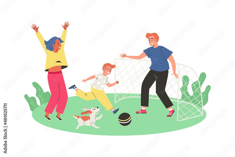Family playing outdoors together, flat cartoon vector illustration ...