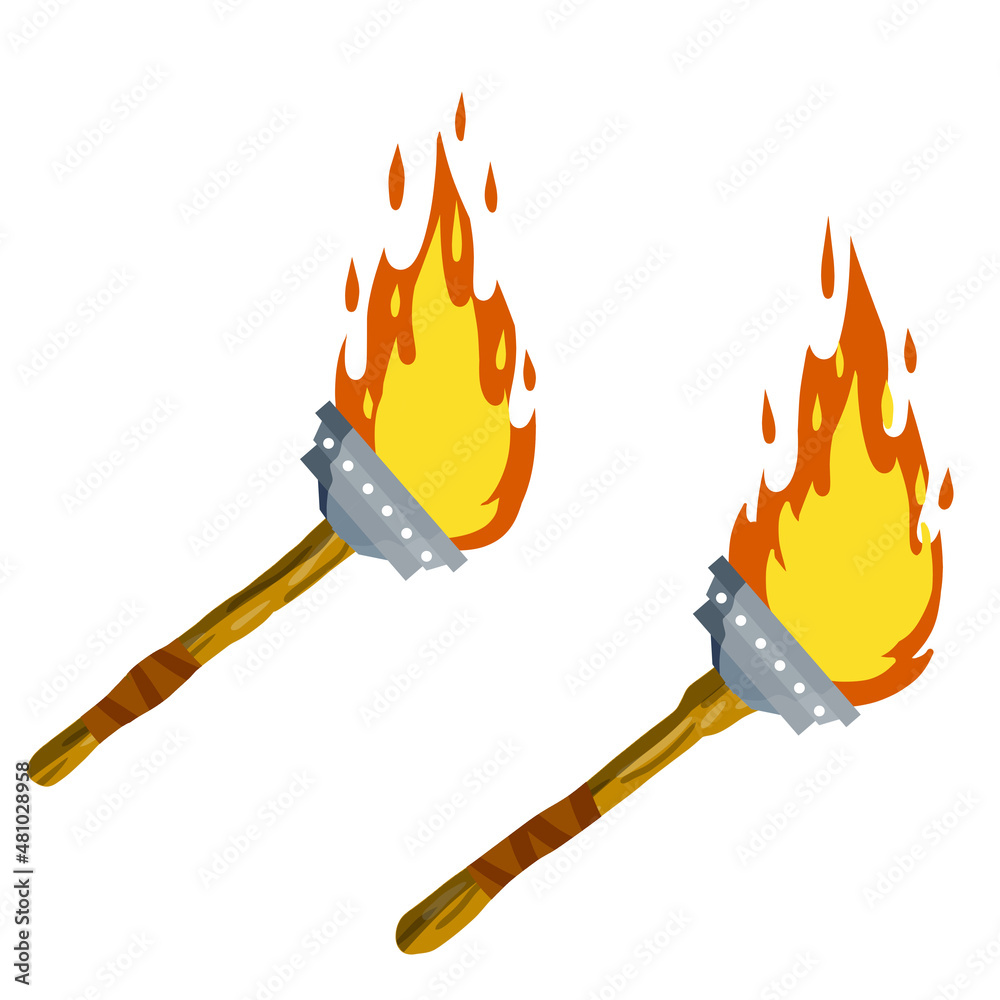 Torch. Fire on stick. Medieval lamp and tool. Flat cartoon illustration ...