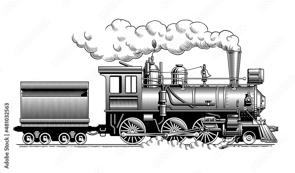 Vintage steam train locomotive, side view. Old railroad engraving style hand drawn vector ...
